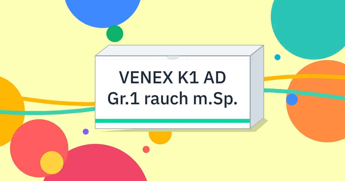 Symbolbild: Packung mit der Aufschrift VENEX K1 AD Gr.1 rauch m.Sp. (PZN 03183343) – Verfügbarkeit und Bezug in Apotheken in Frankfurt am Main