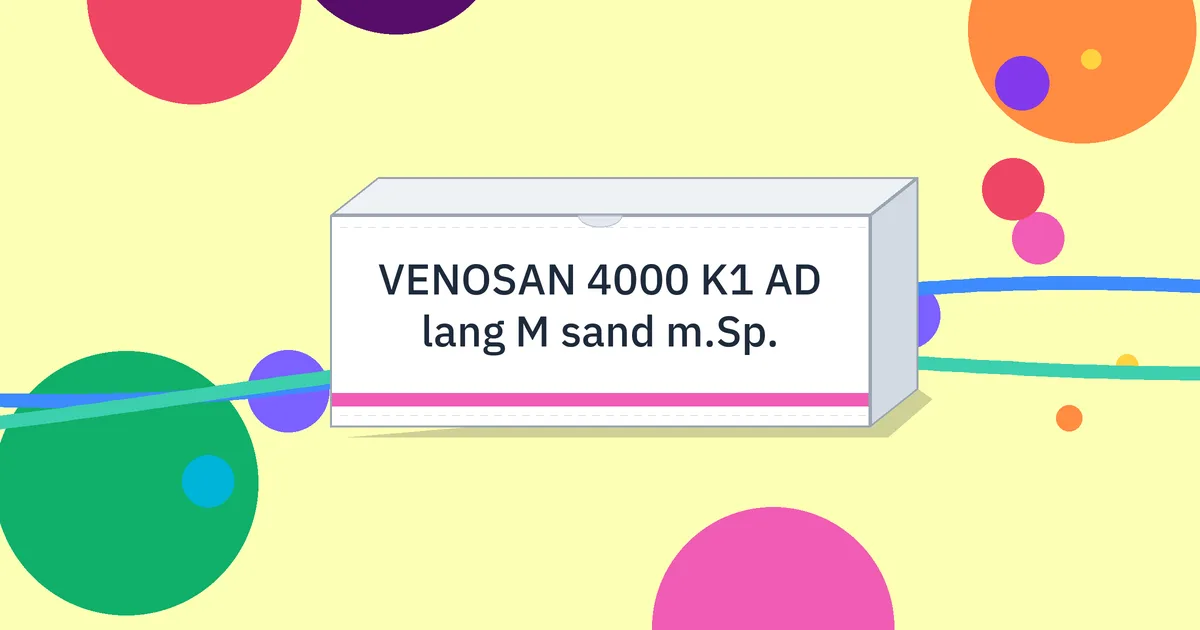 Symbolbild: Packung mit der Aufschrift VENOSAN 4000 K1 AD lang M sand m.Sp. (PZN 14421780) – Verfügbarkeit und Bezug in Apotheken in Frankfurt am Main