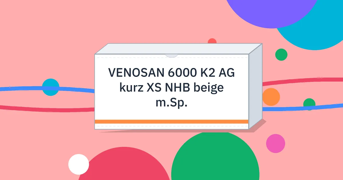 Symbolbild: Packung mit der Aufschrift VENOSAN 6000 K2 AG kurz XS NHB beige m.Sp. (PZN 17172805) – Verfügbarkeit und Bezug in Apotheken in Frankfurt am Main