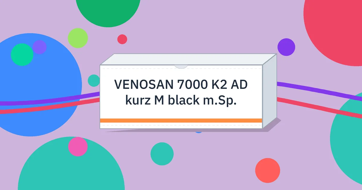 Symbolbild: Packung mit der Aufschrift VENOSAN 7000 K2 AD kurz M black m.Sp. (PZN 14435658) – Verfügbarkeit und Bezug in Apotheken in Frankfurt am Main
