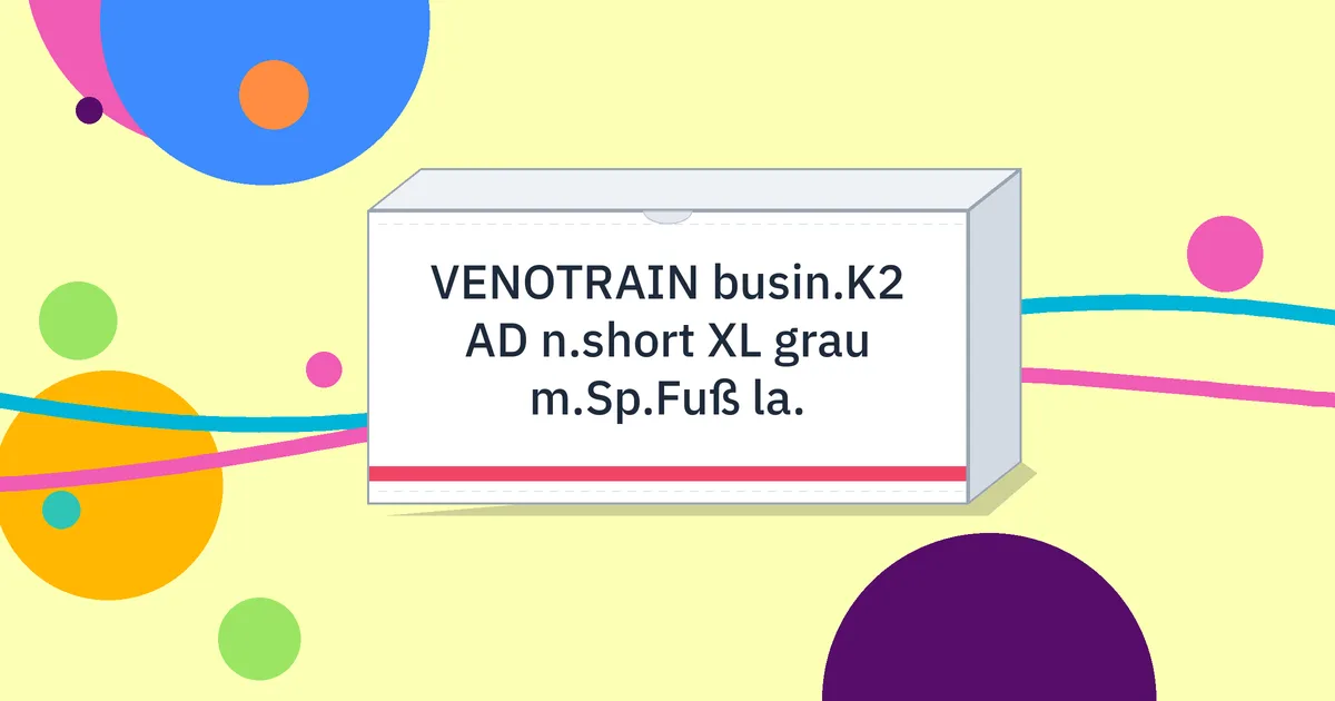 Symbolbild: Packung mit der Aufschrift VENOTRAIN busin.K2 AD n.short XL grau m.Sp.Fuß la. (PZN 19056782) – Verfügbarkeit und Bezug in Apotheken in Frankfurt am Main