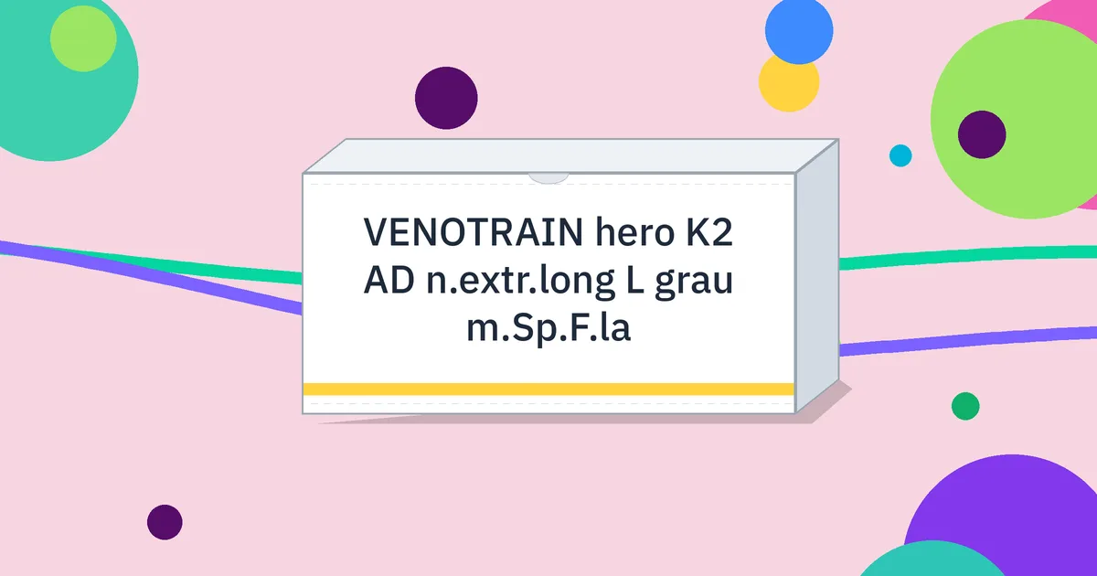 Symbolbild: Packung mit der Aufschrift VENOTRAIN hero K2 AD n.extr.long L grau m.Sp.F.la (PZN 19190552) – Verfügbarkeit und Bezug in Apotheken in Frankfurt am Main