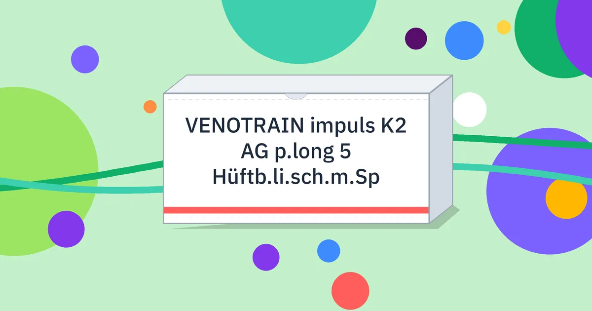Symbolbild: Packung mit der Aufschrift VENOTRAIN impuls K2 AG p.long 5 Hüftb.li.sch.m.Sp (PZN 10294913) – Verfügbarkeit und Bezug in Apotheken in Frankfurt am Main