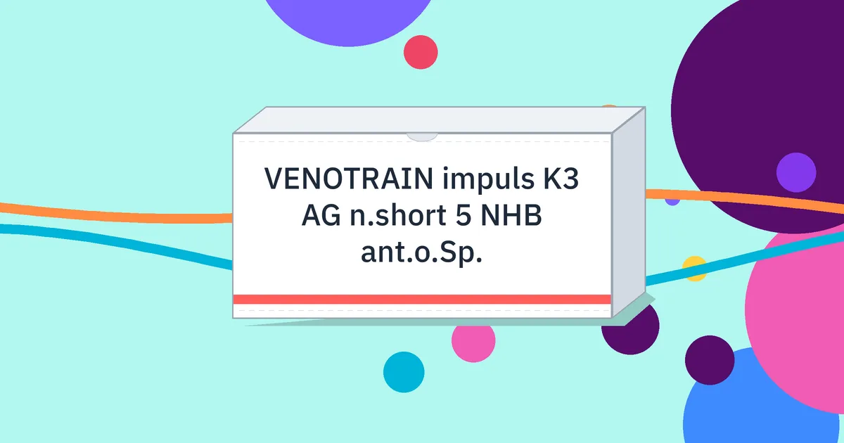 Symbolbild: Packung mit der Aufschrift VENOTRAIN impuls K3 AG n.short 5 NHB ant.o.Sp. (PZN 15216131) – Verfügbarkeit und Bezug in Apotheken in Frankfurt am Main
