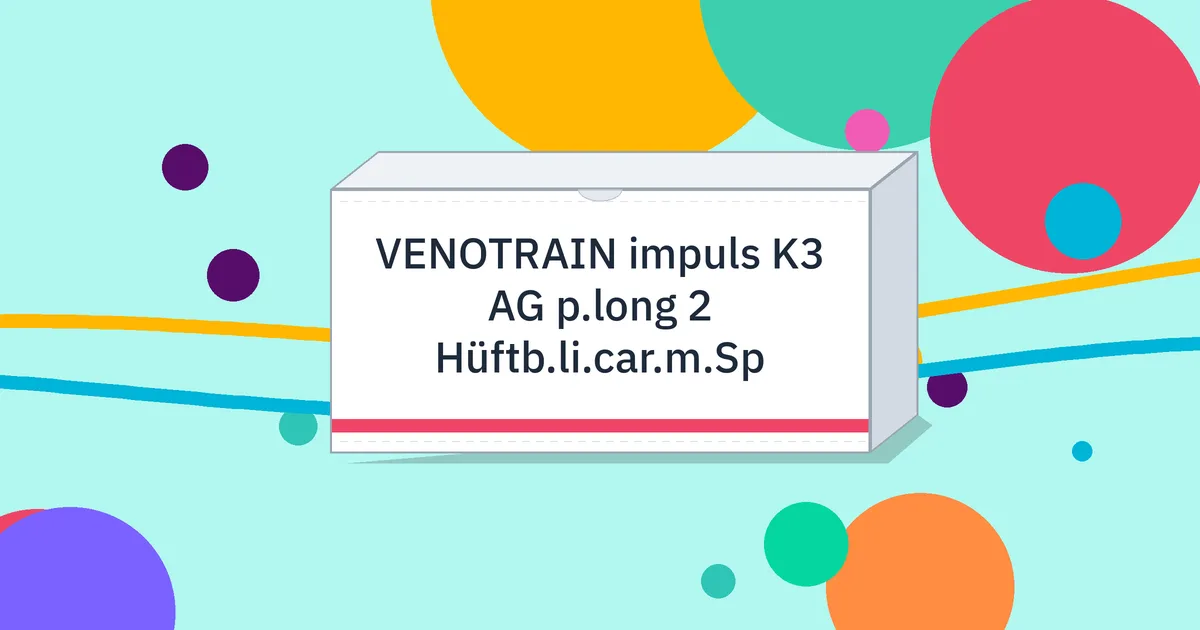 Symbolbild: Packung mit der Aufschrift VENOTRAIN impuls K3 AG p.long 2 Hüftb.li.car.m.Sp (PZN 10295491) – Verfügbarkeit und Bezug in Apotheken in Frankfurt am Main