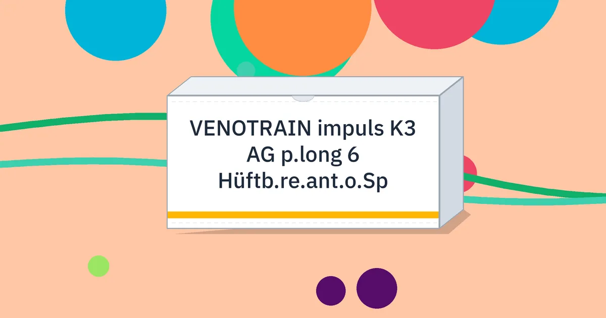 Symbolbild: Packung mit der Aufschrift VENOTRAIN impuls K3 AG p.long 6 Hüftb.re.ant.o.Sp (PZN 15218710) – Verfügbarkeit und Bezug in Apotheken in Frankfurt am Main