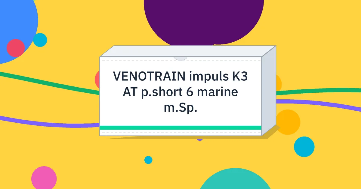 Symbolbild: Packung mit der Aufschrift VENOTRAIN impuls K3 AT p.short 6 marine m.Sp. (PZN 19355711) – Verfügbarkeit und Bezug in Apotheken in Frankfurt am Main