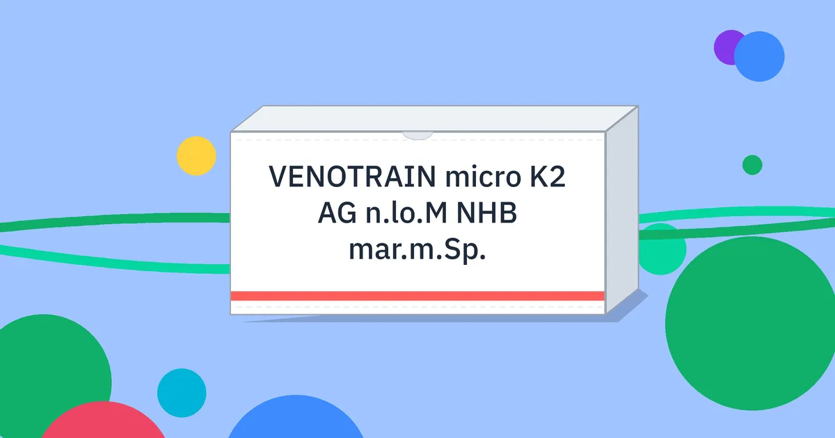 Symbolbild: Packung mit der Aufschrift VENOTRAIN micro K2 AG n.lo.M NHB mar.m.Sp. (PZN 06699314) – Verfügbarkeit und Bezug in Apotheken in Frankfurt am Main