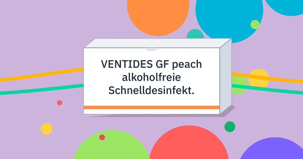 Symbolbild: Packung mit der Aufschrift VENTIDES GF peach alkoholfreie Schnelldesinfekt. (PZN 08759747) – Verfügbarkeit und Bezug in Apotheken in Frankfurt am Main