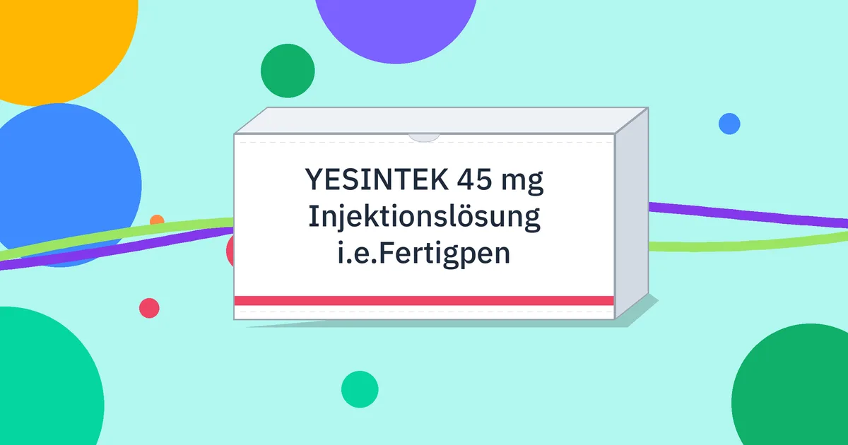 Symbolbild: Packung mit der Aufschrift YESINTEK 45 mg Injektionslösung i.e.Fertigpen (PZN 20155236) – Verfügbarkeit und Bezug in Apotheken in Frankfurt am Main