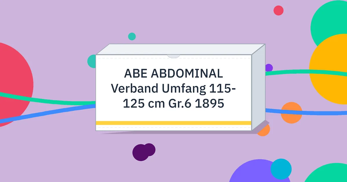 Symbolbild: Packung mit der Aufschrift ABE ABDOMINAL Verband Umfang 115-125 cm Gr.6 1895 (PZN 01363555) – Verfügbarkeit und Bezug in Apotheken in Frankfurt am Main