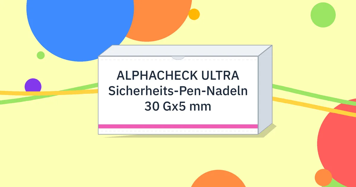 Symbolbild: Packung mit der Aufschrift ALPHACHECK ULTRA Sicherheits-Pen-Nadeln 30 Gx5 mm (PZN 13700673) – Verfügbarkeit und Bezug in Apotheken in Frankfurt am Main