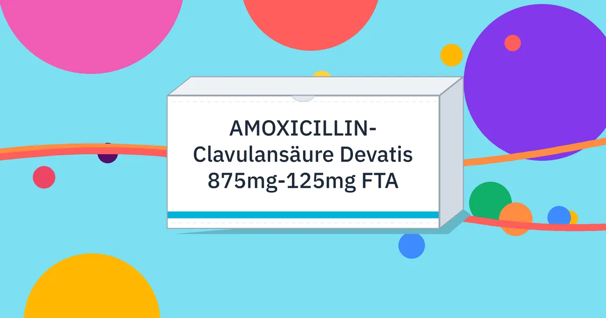 Symbolbild: Packung mit der Aufschrift AMOXICILLIN-Clavulansäure Devatis 875mg-125mg FTA (PZN 15404335) – Verfügbarkeit und Bezug in Apotheken in Frankfurt am Main