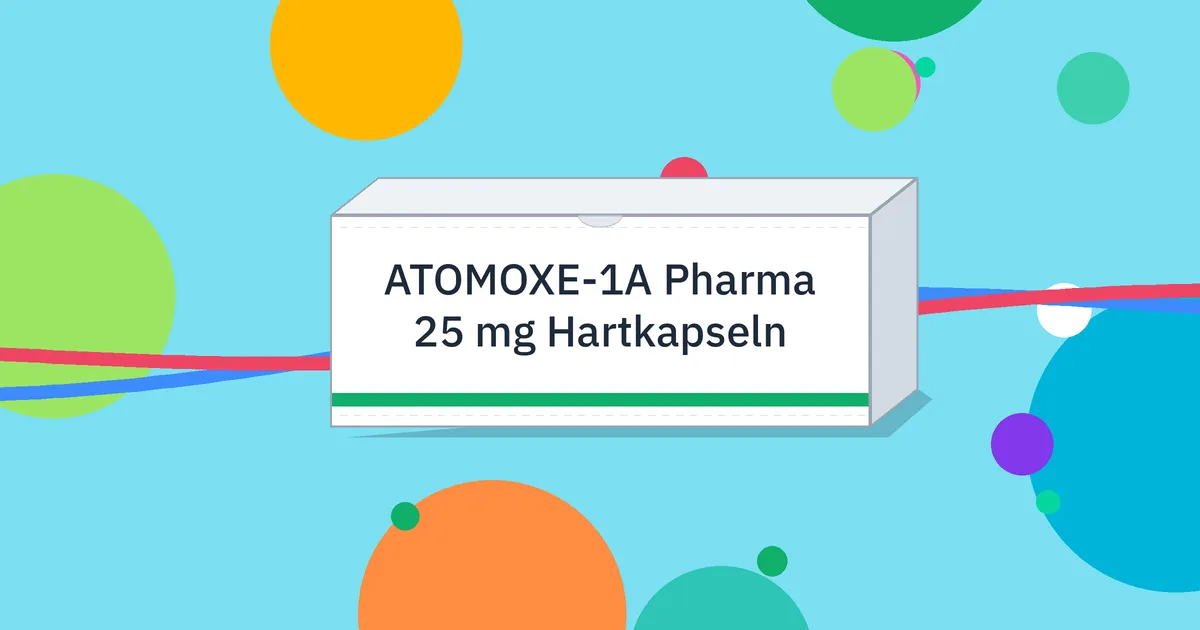 Symbolbild: Packung mit der Aufschrift ATOMOXE-1A Pharma 25 mg Hartkapseln (PZN 14352257) – Verfügbarkeit und Bezug in Apotheken in Frankfurt am Main