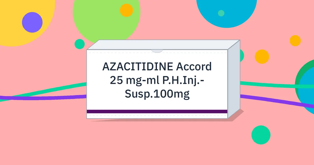 Symbolbild: Packung mit der Aufschrift AZACITIDINE Accord 25 mg-ml P.H.Inj.-Susp.100mg (PZN 18365601) – Verfügbarkeit und Bezug in Apotheken in Frankfurt am Main