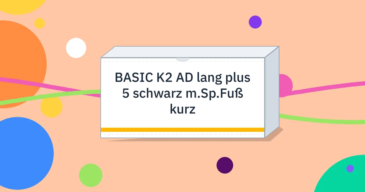 Symbolbild: Packung mit der Aufschrift BASIC K2 AD lang plus 5 schwarz m.Sp.Fuß kurz (PZN 20265232) – Verfügbarkeit und Bezug in Apotheken in Frankfurt am Main
