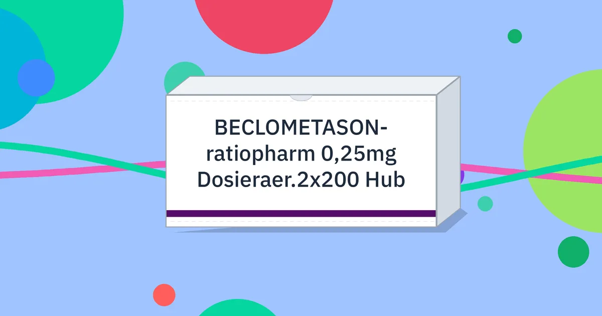 Symbolbild: Packung mit der Aufschrift BECLOMETASON-ratiopharm 0,25mg Dosieraer.2x200 Hub (PZN 01660313) – Verfügbarkeit und Bezug in Apotheken in Frankfurt am Main
