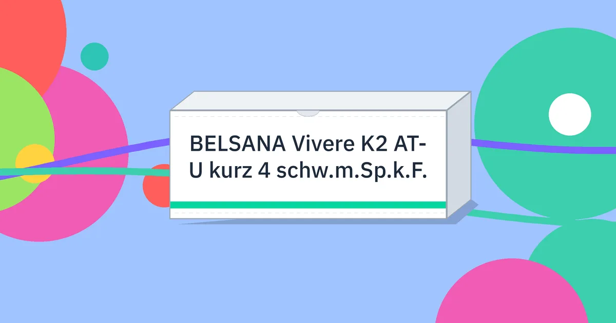 Symbolbild: Packung mit der Aufschrift BELSANA Vivere K2 AT-U kurz 4 schw.m.Sp.k.F. (PZN 08538667) – Verfügbarkeit und Bezug in Apotheken in Frankfurt am Main