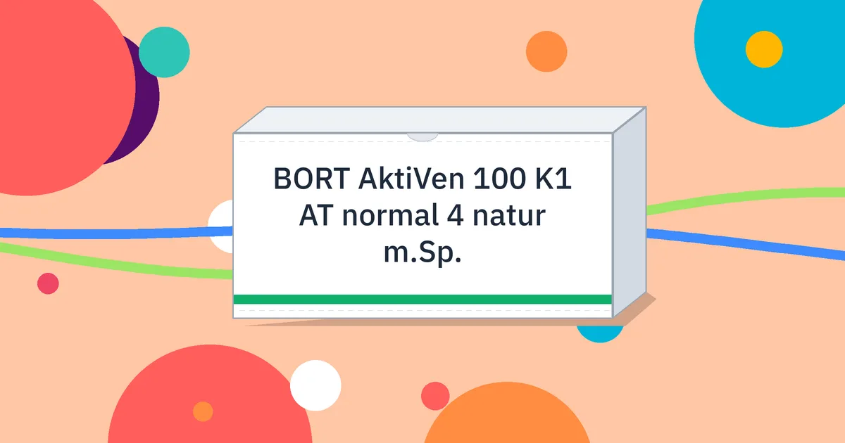 Symbolbild: Packung mit der Aufschrift BORT AktiVen 100 K1 AT normal 4 natur m.Sp. (PZN 13736429) – Verfügbarkeit und Bezug in Apotheken in Frankfurt am Main