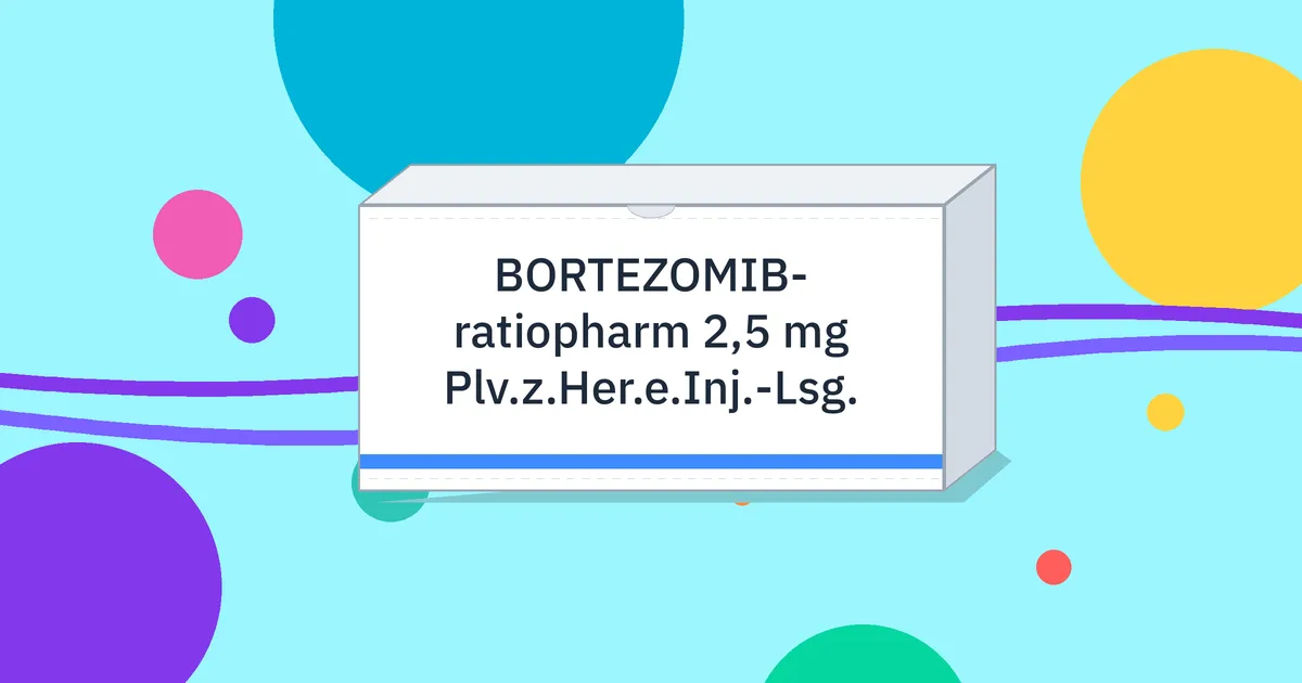 Symbolbild: Packung mit der Aufschrift BORTEZOMIB-ratiopharm 2,5 mg Plv.z.Her.e.Inj.-Lsg. (PZN 12724370) – Verfügbarkeit und Bezug in Apotheken in Frankfurt am Main