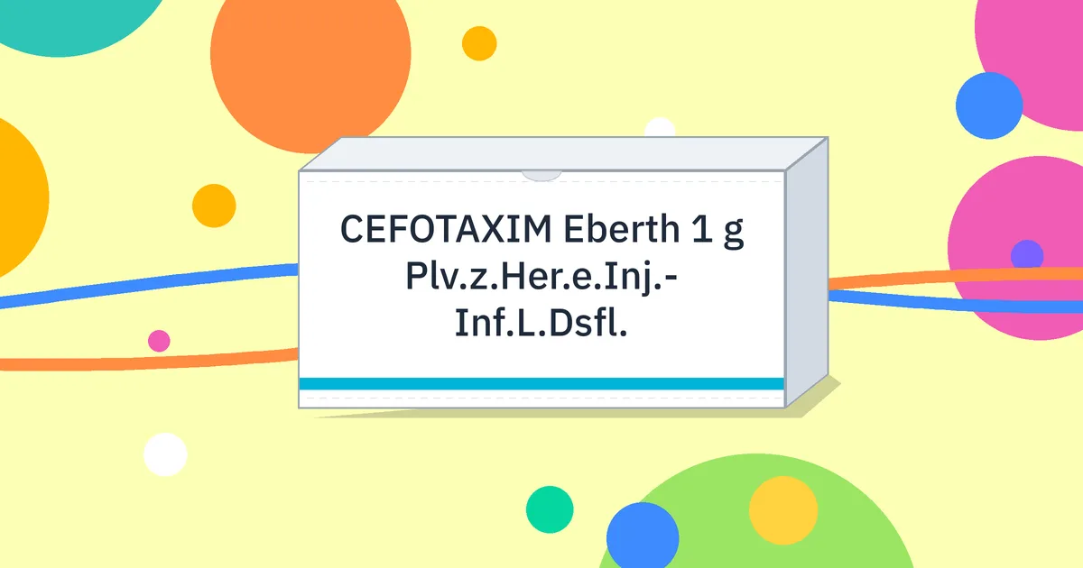 Symbolbild: Packung mit der Aufschrift CEFOTAXIM Eberth 1 g Plv.z.Her.e.Inj.-Inf.L.Dsfl. (PZN 09423535) – Verfügbarkeit und Bezug in Apotheken in Frankfurt am Main