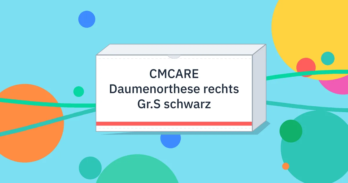 Symbolbild: Packung mit der Aufschrift CMCARE Daumenorthese rechts Gr.S schwarz (PZN 12467677) – Verfügbarkeit und Bezug in Apotheken in Frankfurt am Main