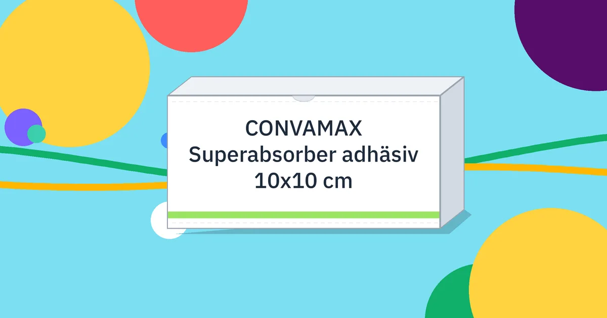 Symbolbild: Packung mit der Aufschrift CONVAMAX Superabsorber adhäsiv 10x10 cm (PZN 17376844) – Verfügbarkeit und Bezug in Apotheken in Frankfurt am Main