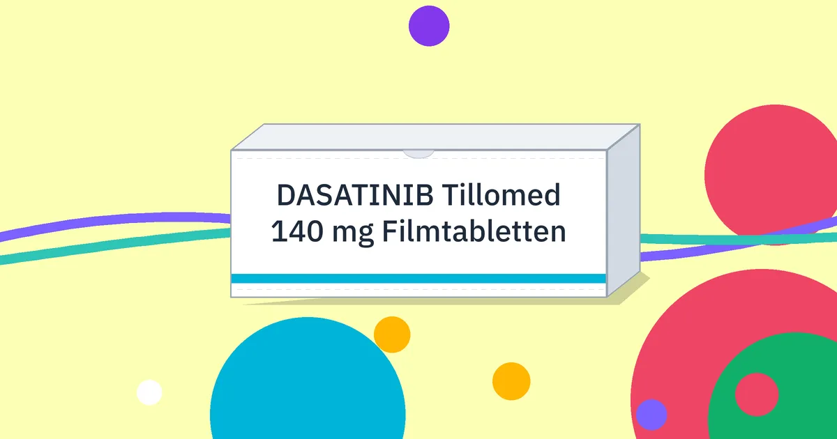 Symbolbild: Packung mit der Aufschrift DASATINIB Tillomed 140 mg Filmtabletten (PZN 16818518) – Verfügbarkeit und Bezug in Apotheken in Frankfurt am Main