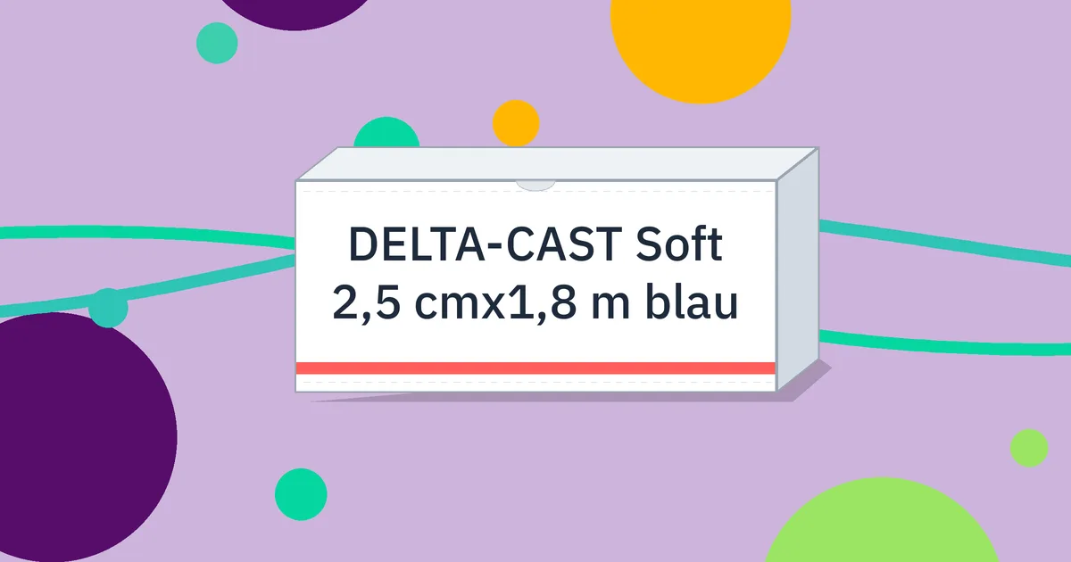 Symbolbild: Packung mit der Aufschrift DELTA-CAST Soft 2,5 cmx1,8 m blau (PZN 14366667) – Verfügbarkeit und Bezug in Apotheken in Frankfurt am Main