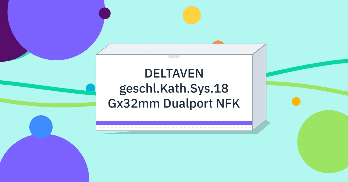 Symbolbild: Packung mit der Aufschrift DELTAVEN geschl.Kath.Sys.18 Gx32mm Dualport NFK (PZN 13977251) – Verfügbarkeit und Bezug in Apotheken in Frankfurt am Main