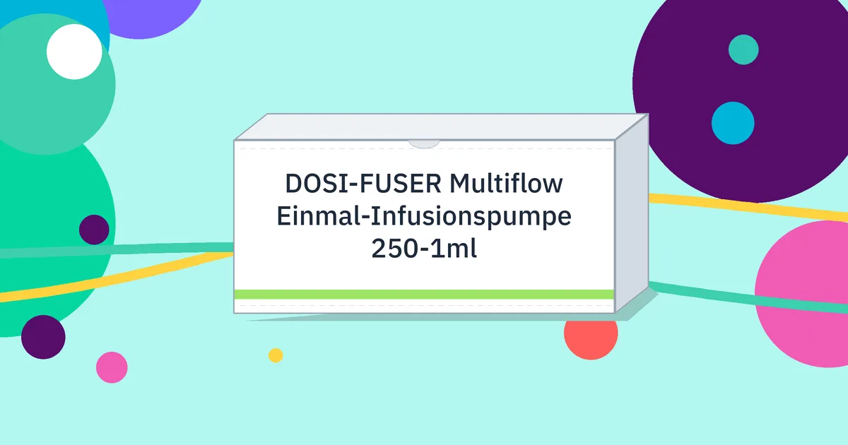 Symbolbild: Packung mit der Aufschrift DOSI-FUSER Multiflow Einmal-Infusionspumpe 250-1ml (PZN 06614967) – Verfügbarkeit und Bezug in Apotheken in Frankfurt am Main