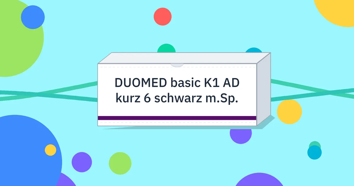Symbolbild: Packung mit der Aufschrift DUOMED basic K1 AD kurz 6 schwarz m.Sp. (PZN 20904181) – Verfügbarkeit und Bezug in Apotheken in Frankfurt am Main