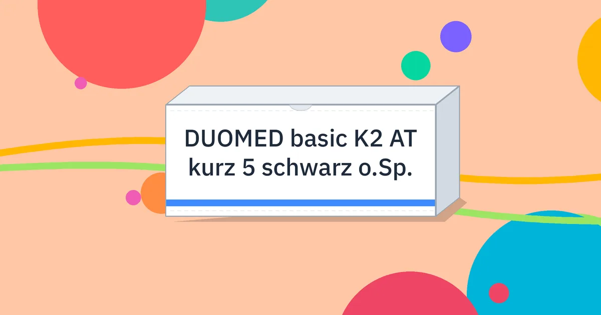 Symbolbild: Packung mit der Aufschrift DUOMED basic K2 AT kurz 5 schwarz o.Sp. (PZN 20906470) – Verfügbarkeit und Bezug in Apotheken in Frankfurt am Main