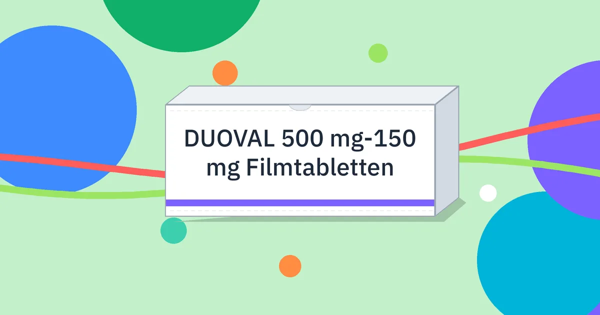 Symbolbild: Packung mit der Aufschrift DUOVAL 500 mg-150 mg Filmtabletten (PZN 19203131) – Verfügbarkeit und Bezug in Apotheken in Frankfurt am Main