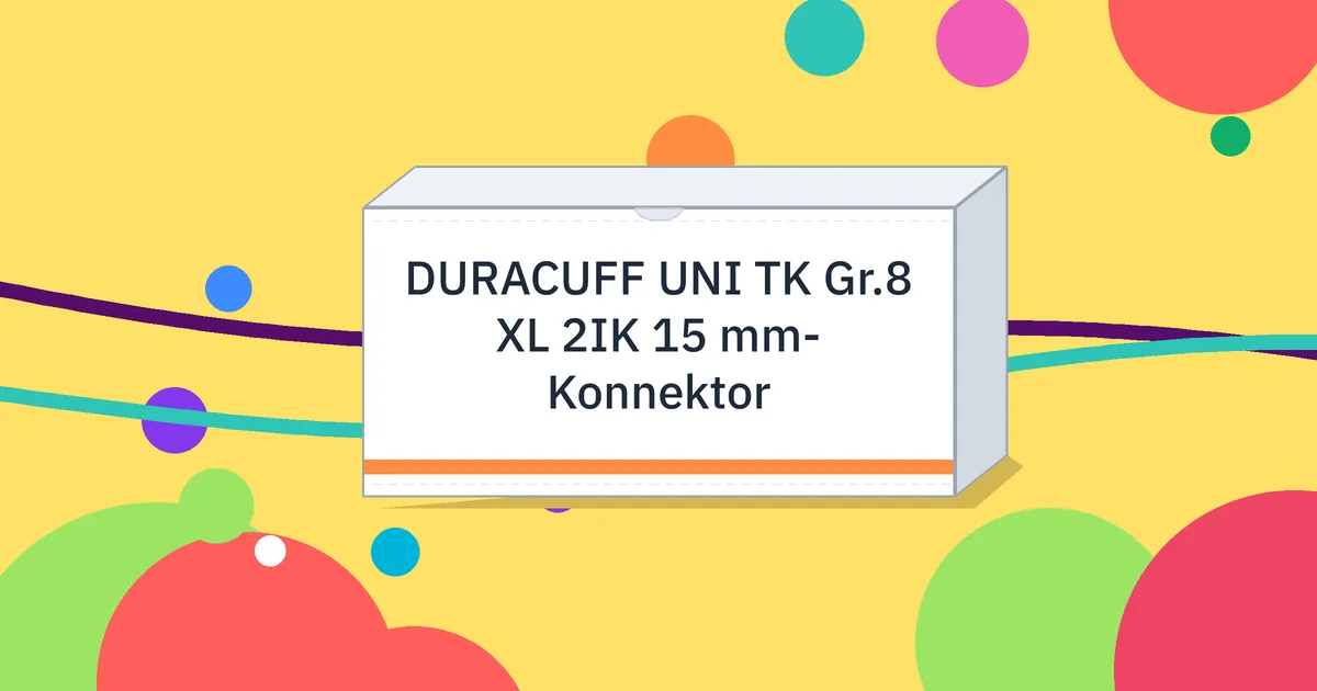 Symbolbild: Packung mit der Aufschrift DURACUFF UNI TK Gr.8 XL 2IK 15 mm-Konnektor (PZN 01222688) – Verfügbarkeit und Bezug in Apotheken in Frankfurt am Main