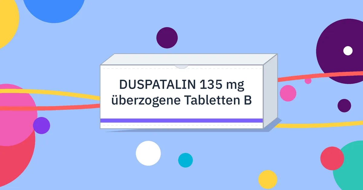 Symbolbild: Packung mit der Aufschrift DUSPATALIN 135 mg überzogene Tabletten B (PZN 06467130) – Verfügbarkeit und Bezug in Apotheken in Frankfurt am Main