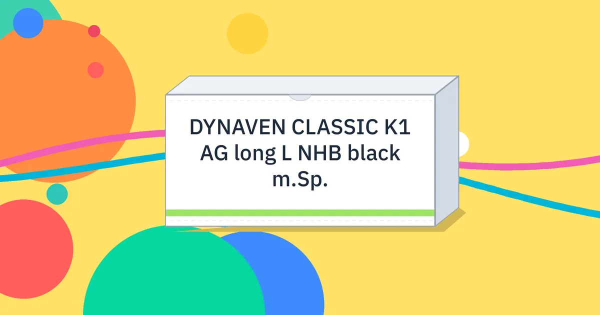 Symbolbild: Packung mit der Aufschrift DYNAVEN CLASSIC K1 AG long L NHB black m.Sp. (PZN 18415670) – Verfügbarkeit und Bezug in Apotheken in Frankfurt am Main