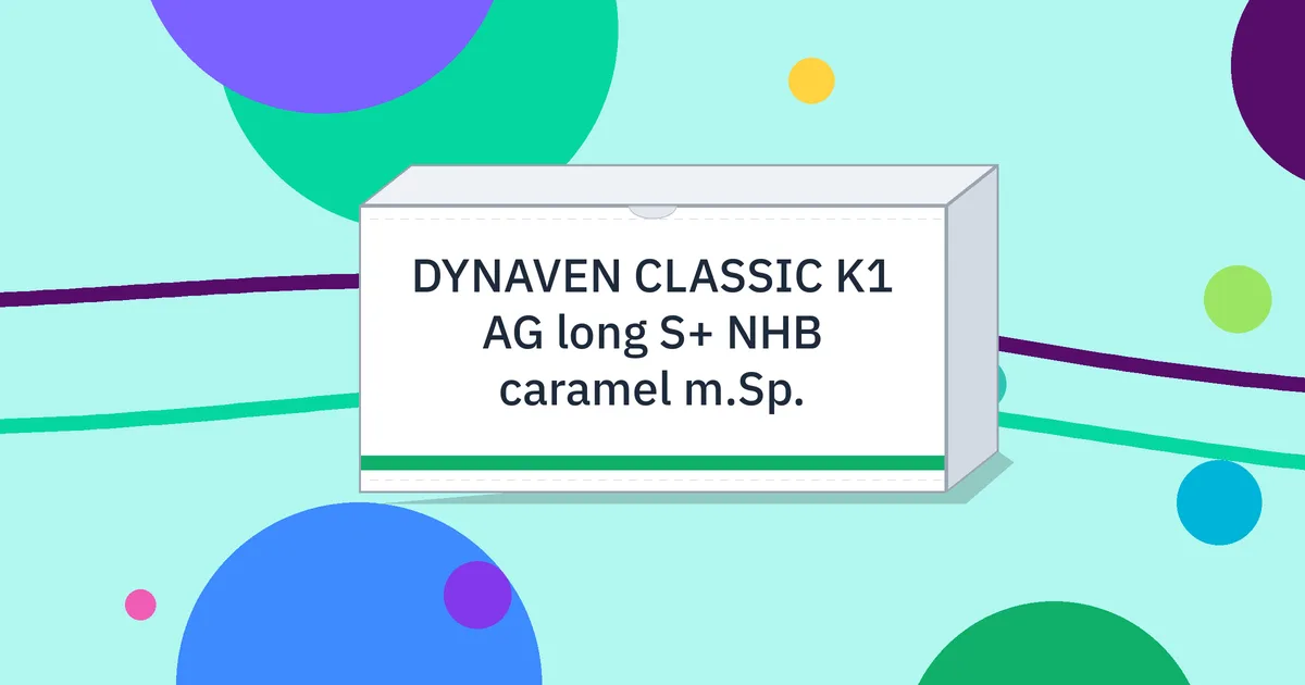 Symbolbild: Packung mit der Aufschrift DYNAVEN CLASSIC K1 AG long S+ NHB caramel m.Sp. (PZN 18415836) – Verfügbarkeit und Bezug in Apotheken in Frankfurt am Main