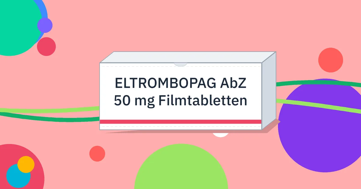 Symbolbild: Packung mit der Aufschrift ELTROMBOPAG AbZ 50 mg Filmtabletten (PZN 19806088) – Verfügbarkeit und Bezug in Apotheken in Frankfurt am Main