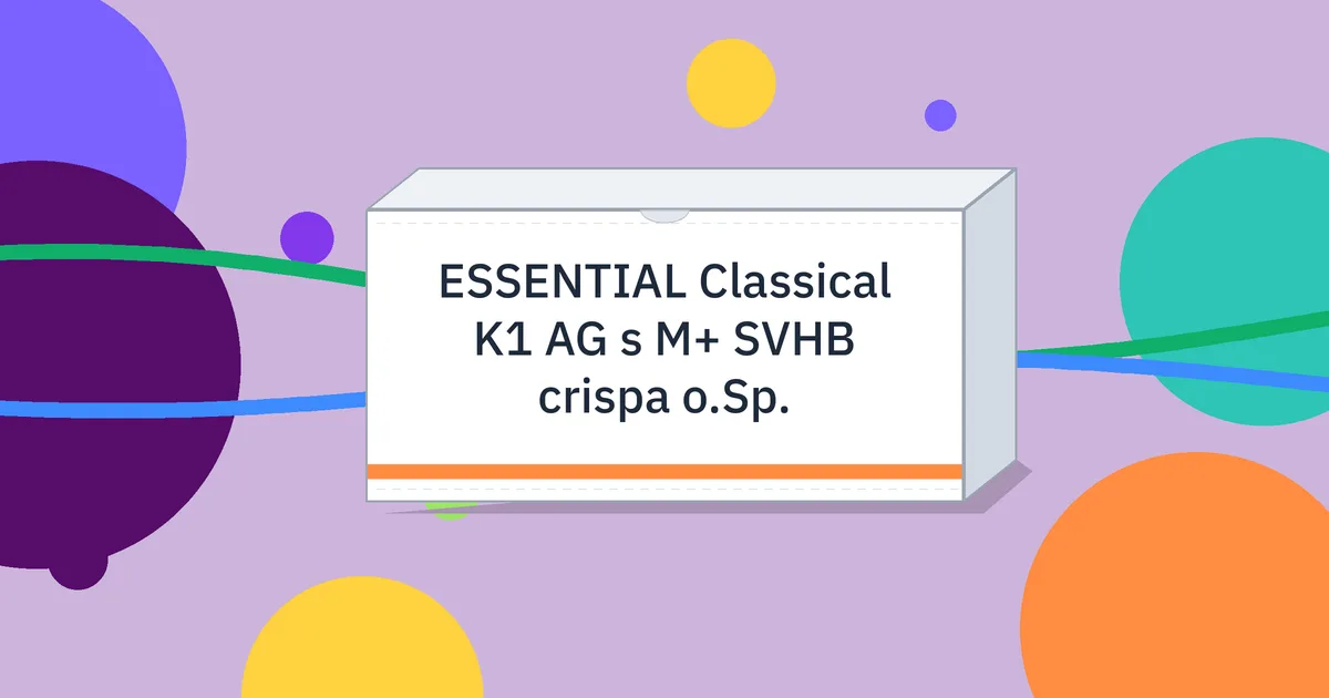 Symbolbild: Packung mit der Aufschrift ESSENTIAL Classical K1 AG s M+ SVHB crispa o.Sp. (PZN 18420292) – Verfügbarkeit und Bezug in Apotheken in Frankfurt am Main