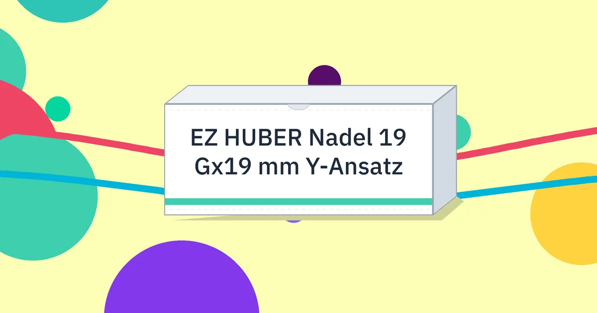 Symbolbild: Packung mit der Aufschrift EZ HUBER Nadel 19 Gx19 mm Y-Ansatz (PZN 05033518) – Verfügbarkeit und Bezug in Apotheken in Frankfurt am Main