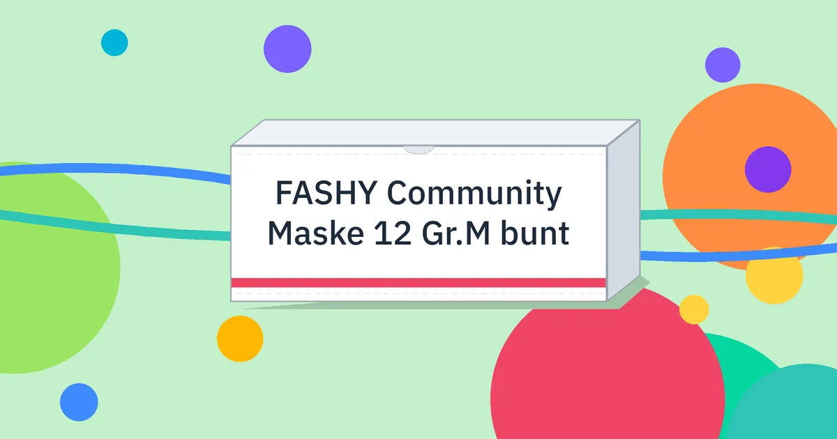 Symbolbild: Packung mit der Aufschrift FASHY Community Maske 12 Gr.M bunt (PZN 16945493) – Verfügbarkeit und Bezug in Apotheken in Frankfurt am Main