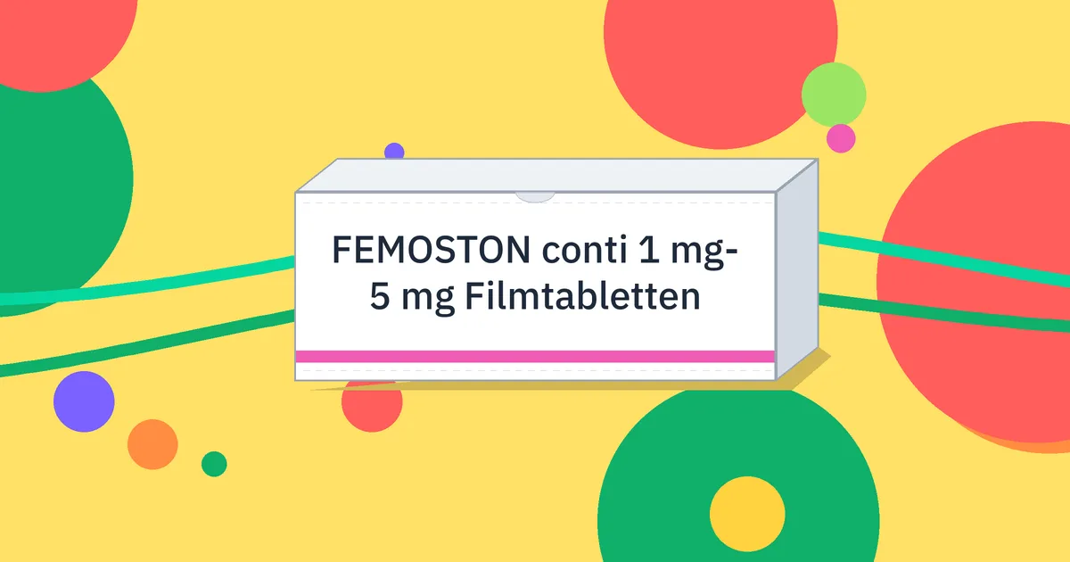 Symbolbild: Packung mit der Aufschrift FEMOSTON conti 1 mg-5 mg Filmtabletten (PZN 01214789) – Verfügbarkeit und Bezug in Apotheken in Frankfurt am Main