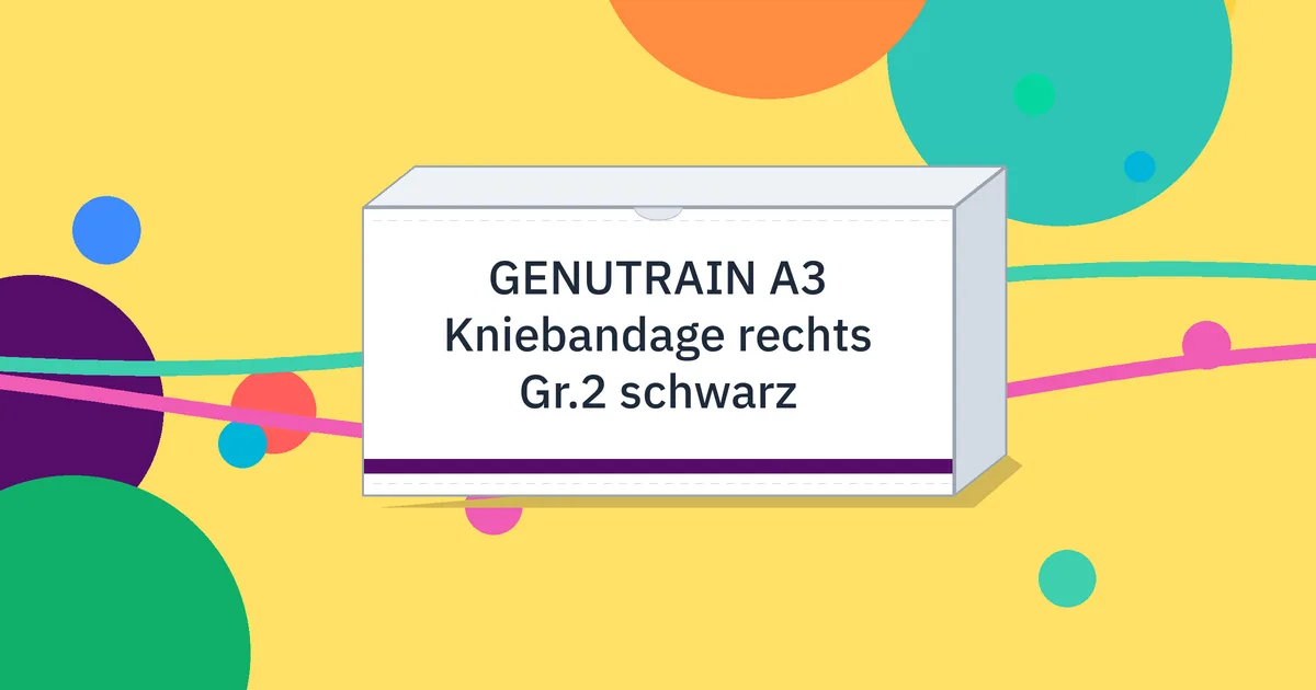 Symbolbild: Packung mit der Aufschrift GENUTRAIN A3 Kniebandage rechts Gr.2 schwarz (PZN 19099998) – Verfügbarkeit und Bezug in Apotheken in Frankfurt am Main