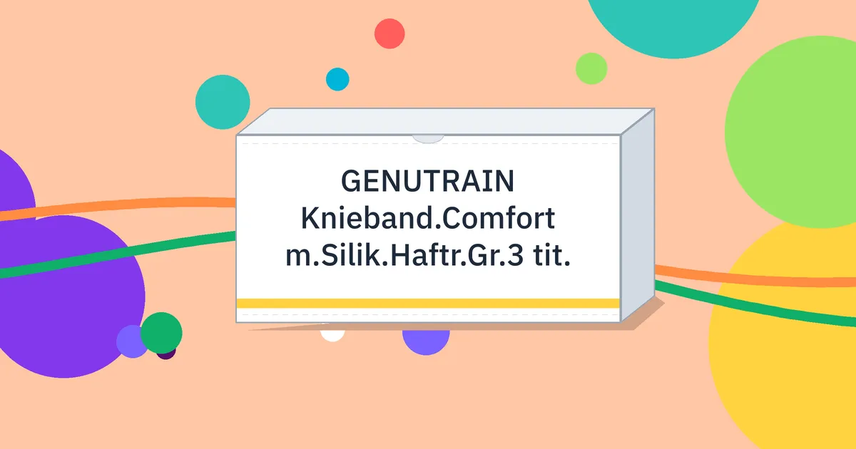 Symbolbild: Packung mit der Aufschrift GENUTRAIN Knieband.Comfort m.Silik.Haftr.Gr.3 tit. (PZN 12517257) – Verfügbarkeit und Bezug in Apotheken in Frankfurt am Main