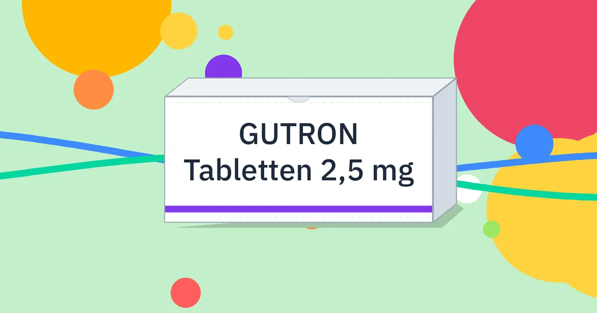 Symbolbild: Packung mit der Aufschrift GUTRON Tabletten 2,5 mg (PZN 02494130) – Verfügbarkeit und Bezug in Apotheken in Frankfurt am Main