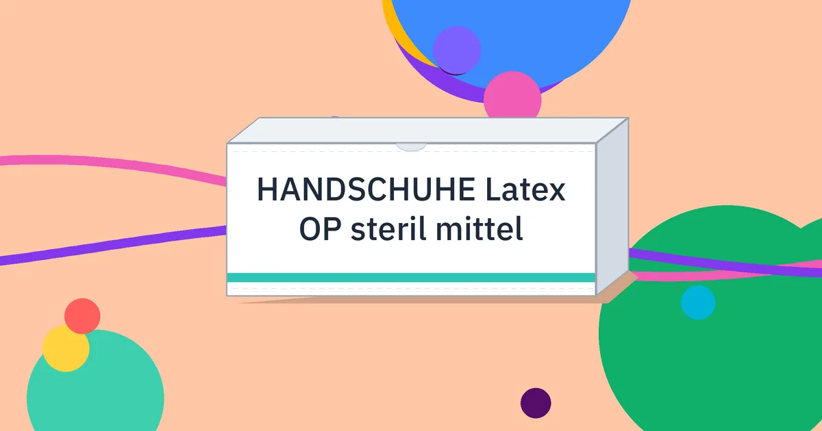 Symbolbild: Packung mit der Aufschrift HANDSCHUHE Latex OP steril mittel (PZN 03875495) – Verfügbarkeit und Bezug in Apotheken in Frankfurt am Main