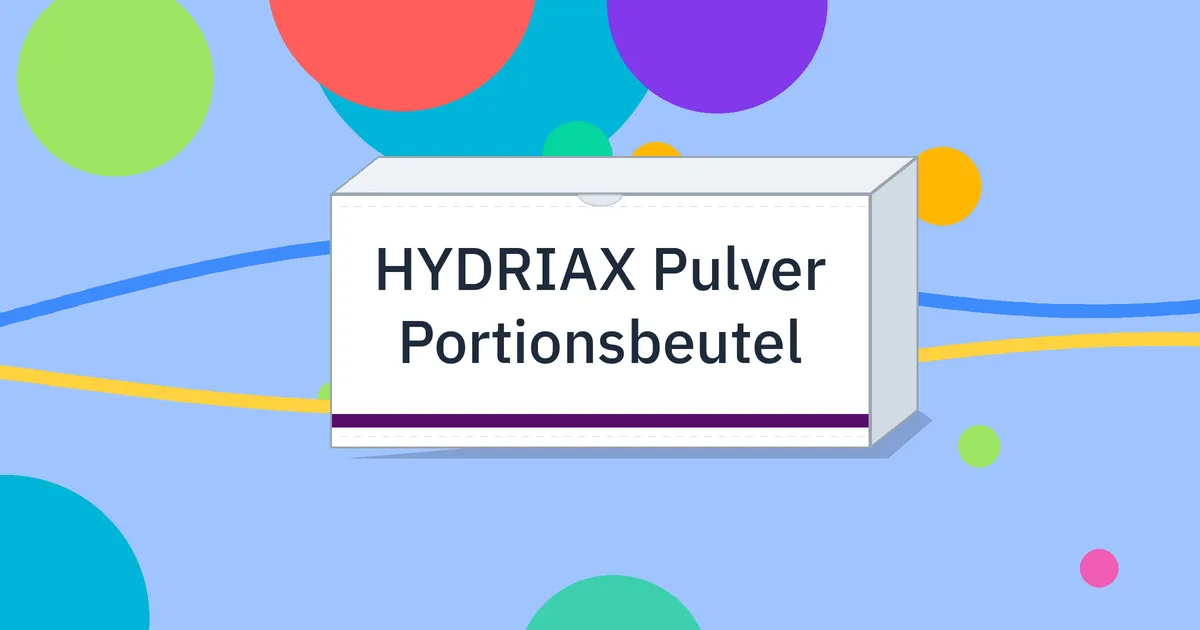 Symbolbild: Packung mit der Aufschrift HYDRIAX Pulver Portionsbeutel (PZN 19871186) – Verfügbarkeit und Bezug in Apotheken in Frankfurt am Main