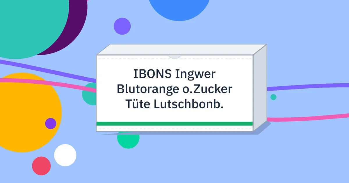 Symbolbild: Packung mit der Aufschrift IBONS Ingwer Blutorange o.Zucker Tüte Lutschbonb. (PZN 16884840) – Verfügbarkeit und Bezug in Apotheken in Frankfurt am Main