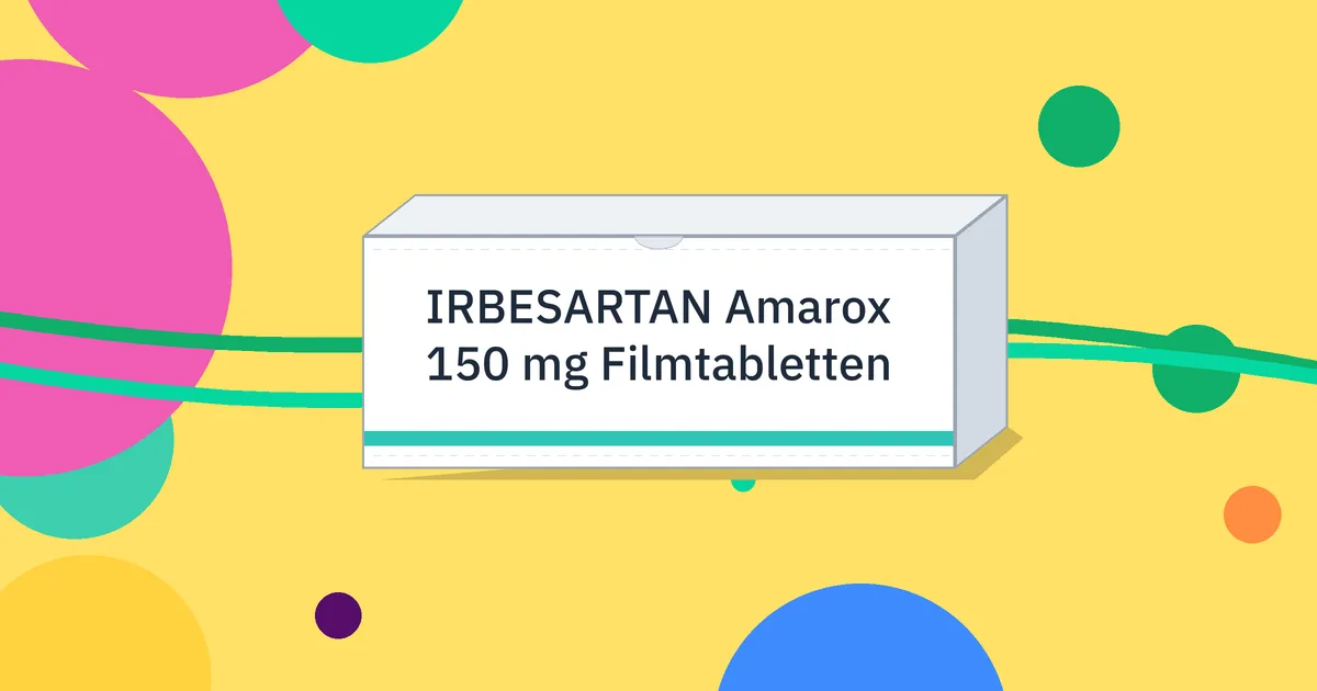 Symbolbild: Packung mit der Aufschrift IRBESARTAN Amarox 150 mg Filmtabletten (PZN 18660381) – Verfügbarkeit und Bezug in Apotheken in Frankfurt am Main
